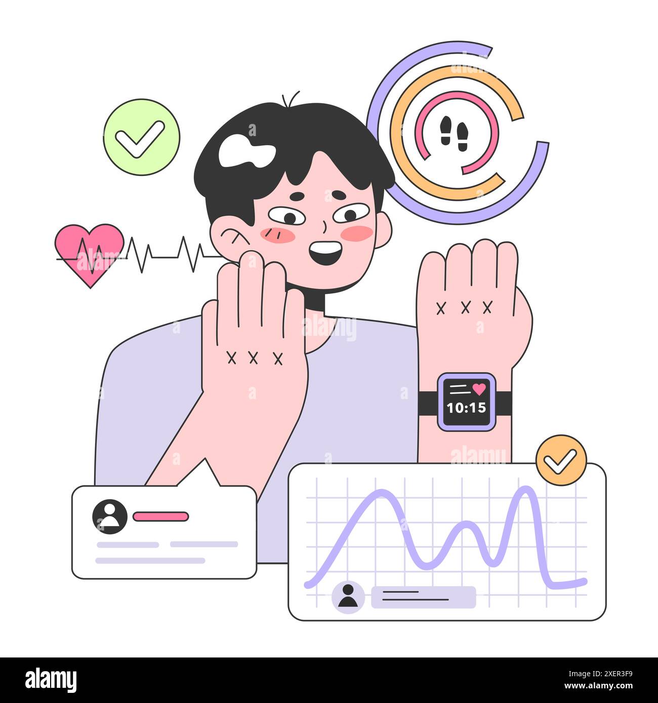 Health tracker smart watch. Character using electronic gadget to ...