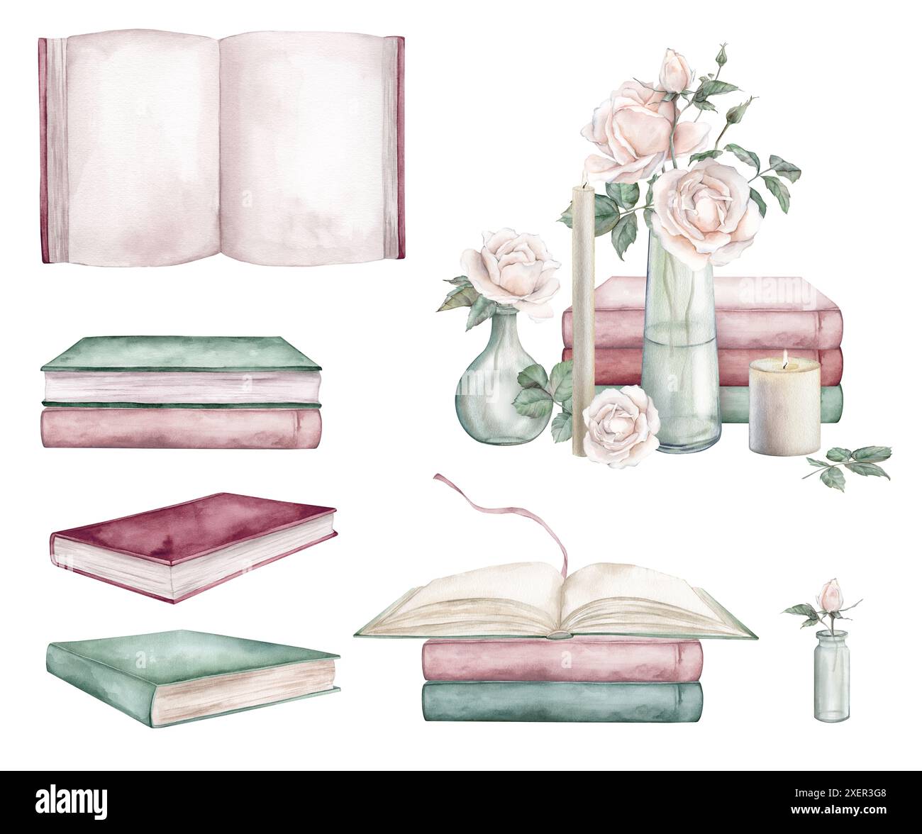 Set of open book and stack books with light pink rose in glass jar ...