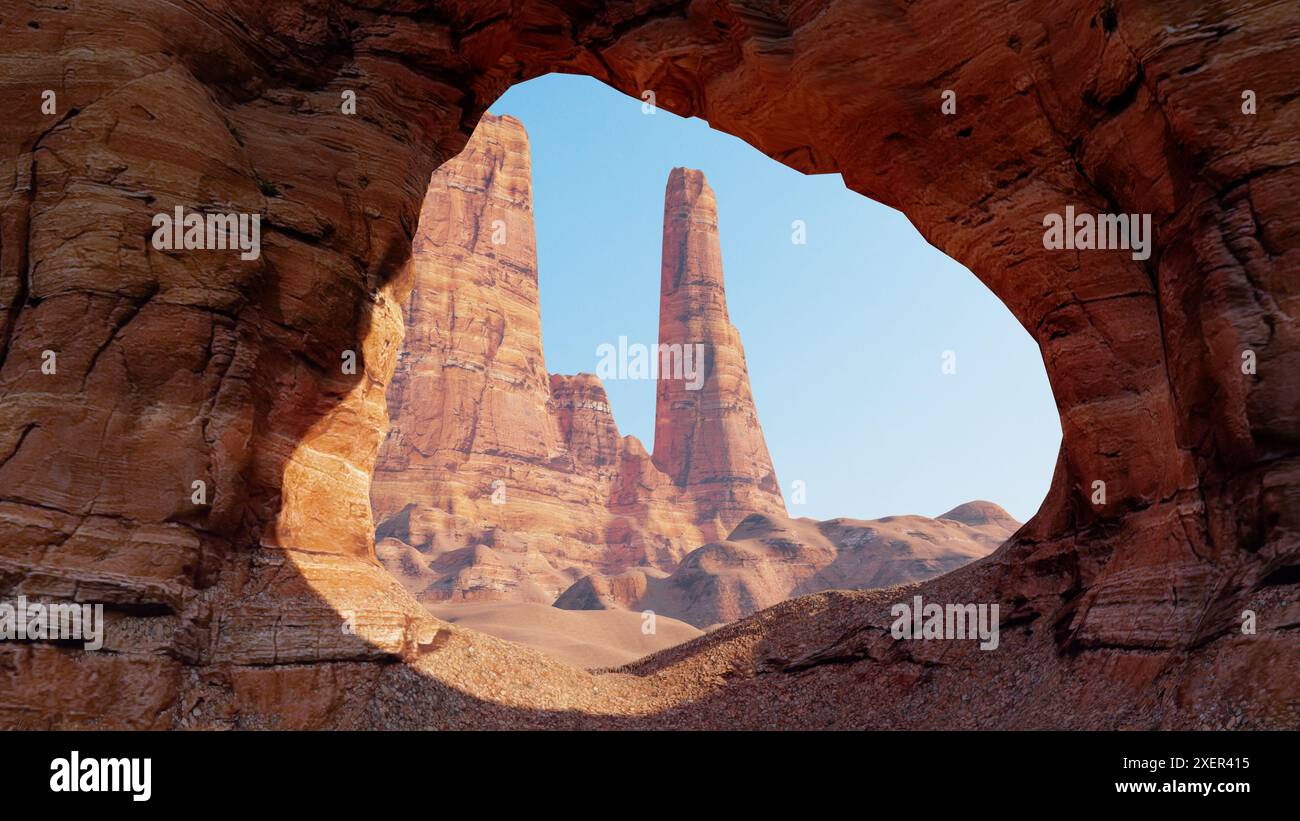 A rock formation with a hole in the middle forms a frame with a view of ...