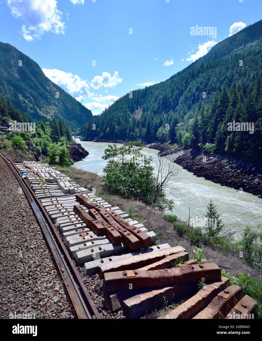 Spare concrete railway sleepers high above the Fraser river Stock Photo ...