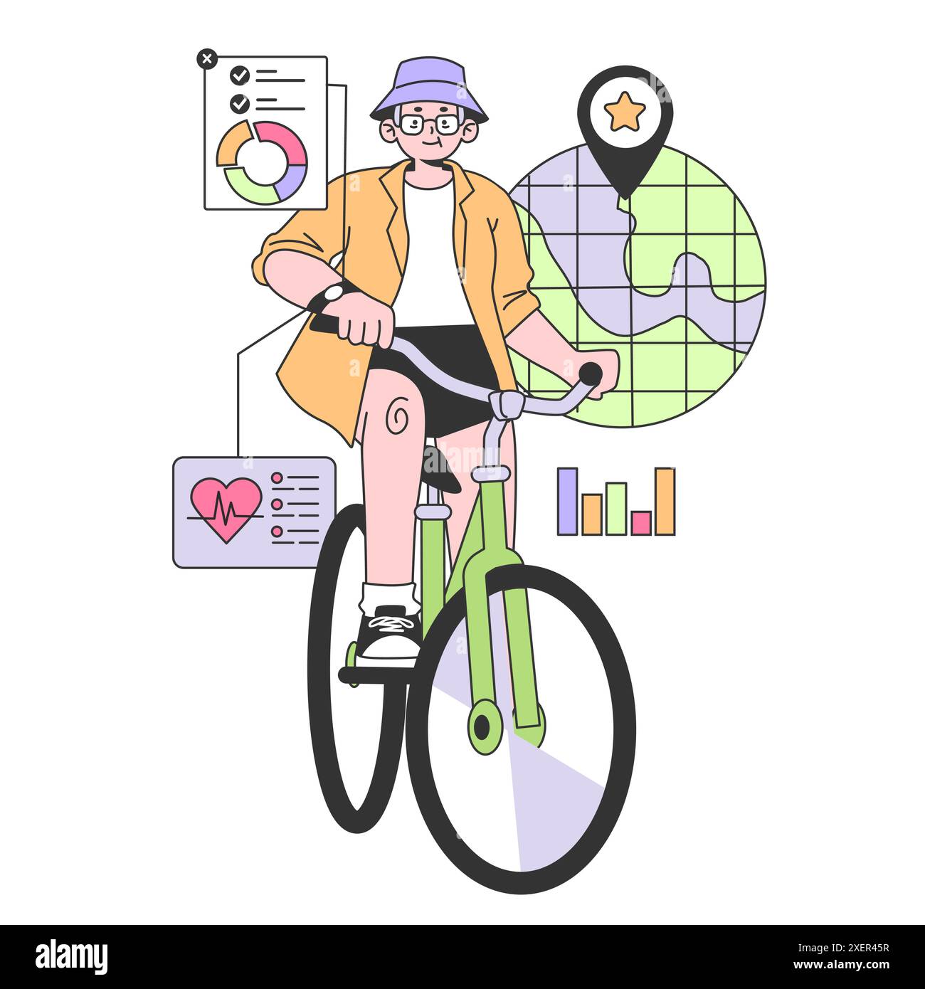 Health tracker smart watch. Senior character using electronic gadget to ...