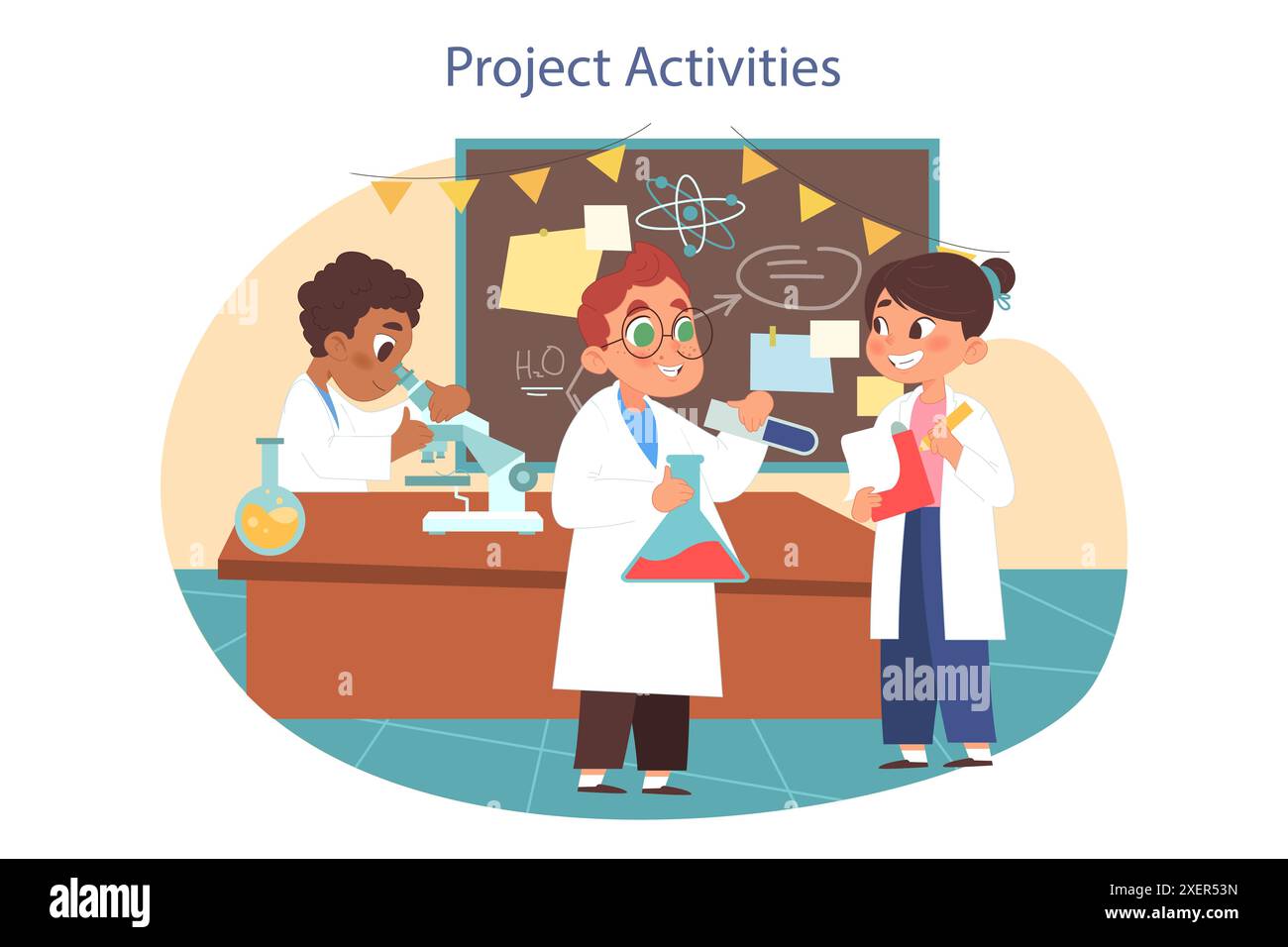 School project. Kids at the desk developing a science project in a ...