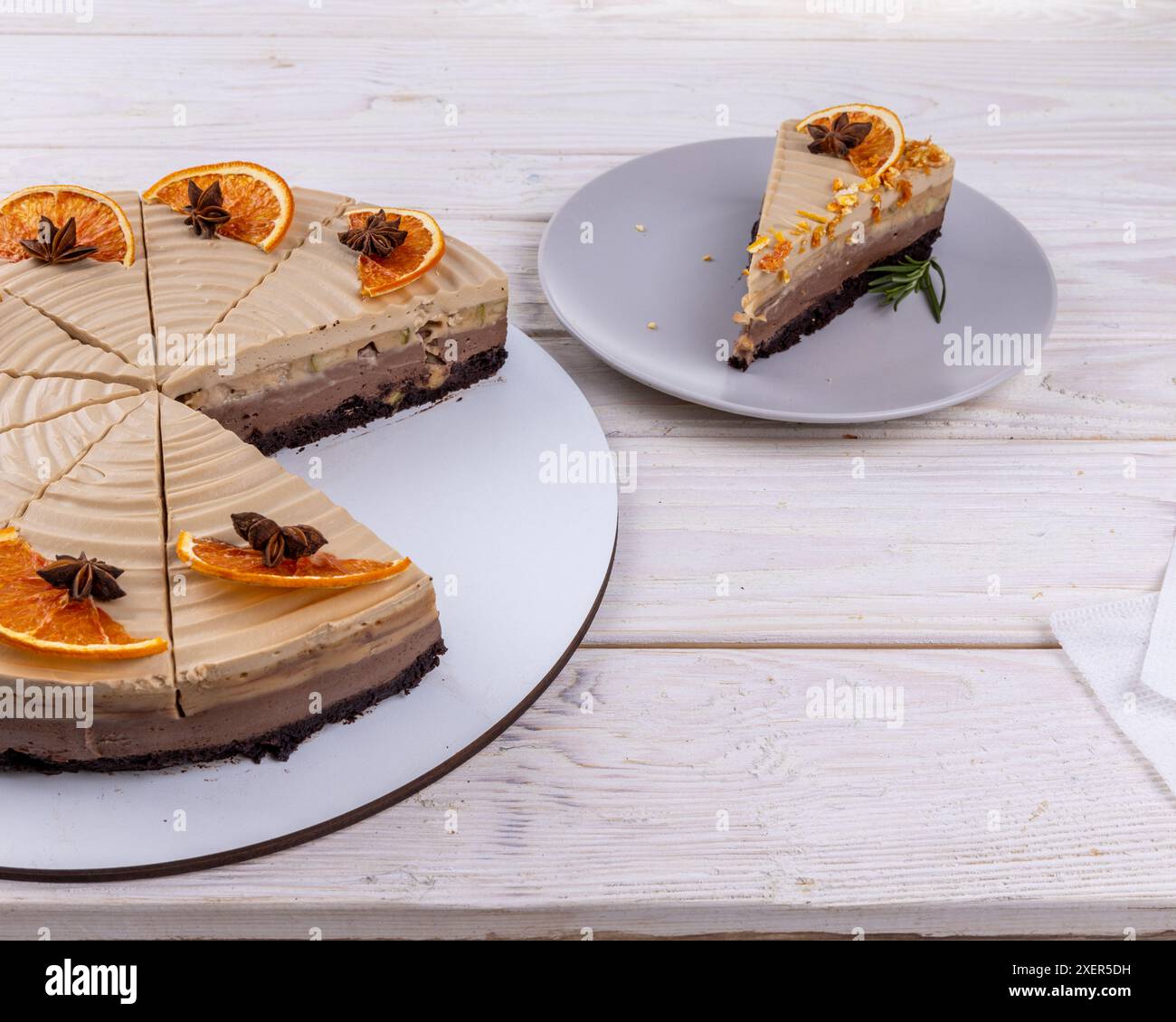 three chocolate cake slice isolated on white background Stock Photo - Alamy