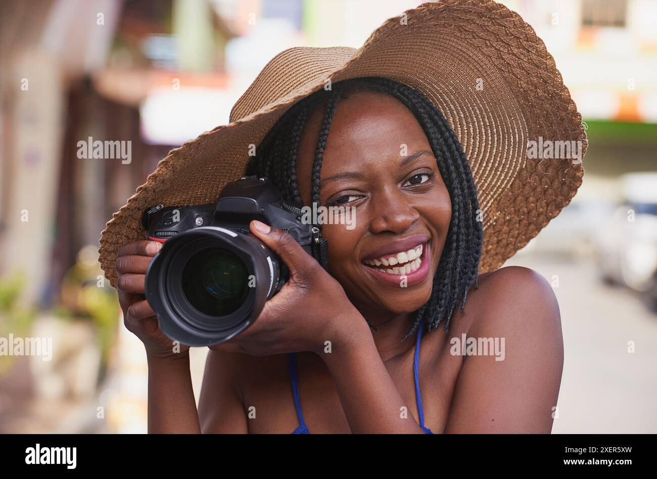 Black woman, portrait and happy with camera outdoor for photography on ...