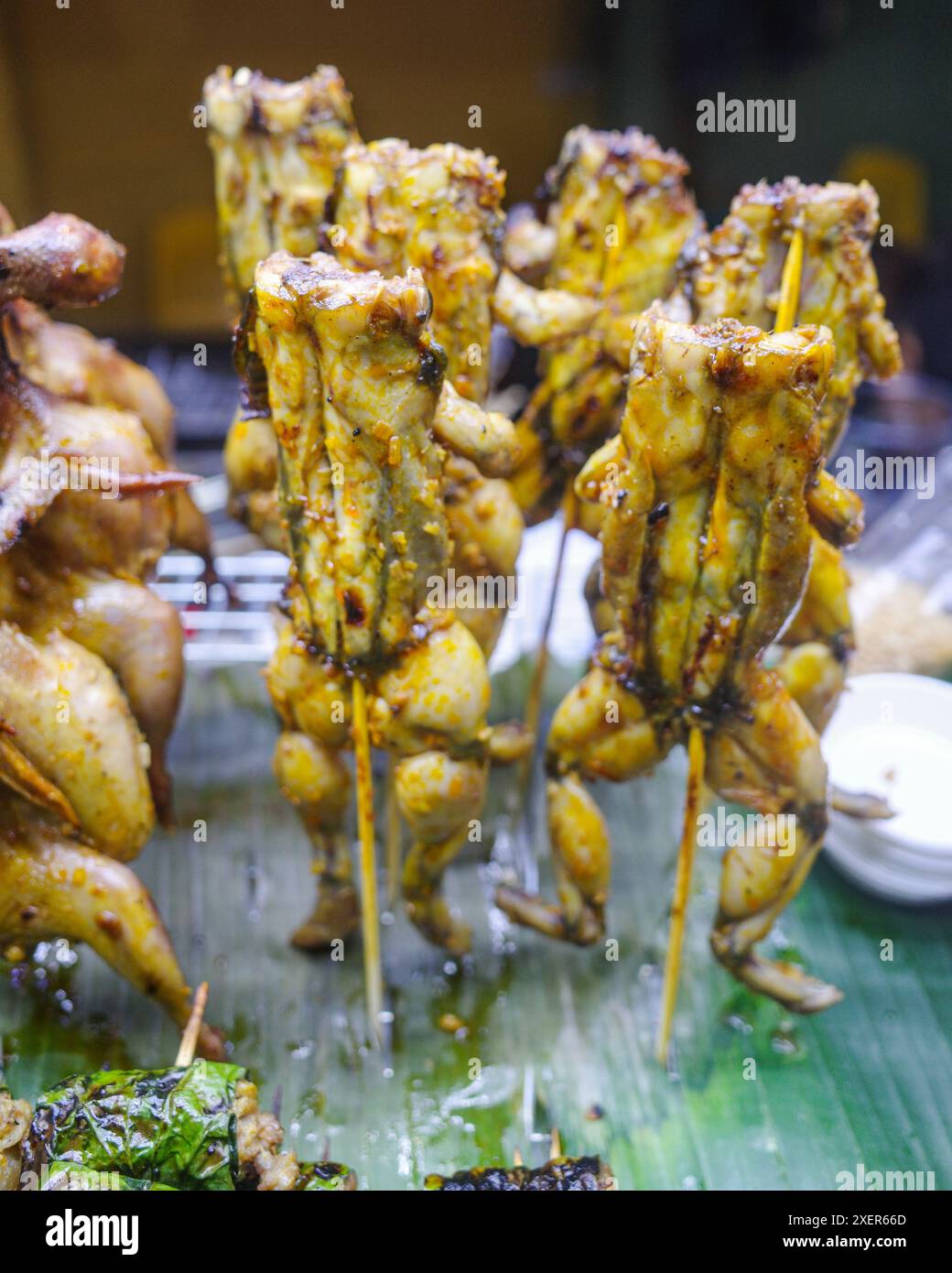 Hoi An, Vietnam - 4 Feb, 2024: Grilled frogs on sale at a food stall in Hoi An night market ...