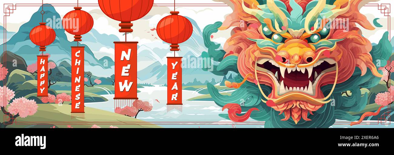 Happy Chinese New Year lettering on paper lanterns horizontal banner ...
