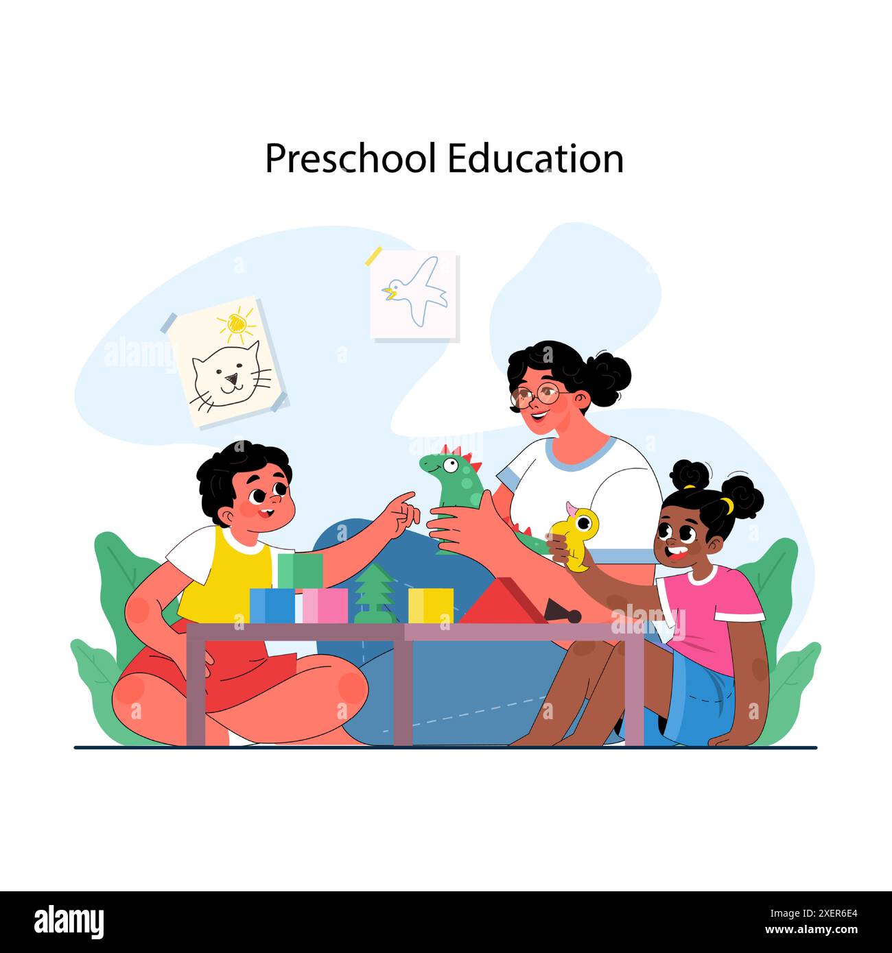 Early childhood education. Preschool girl and boy learning, playing and ...