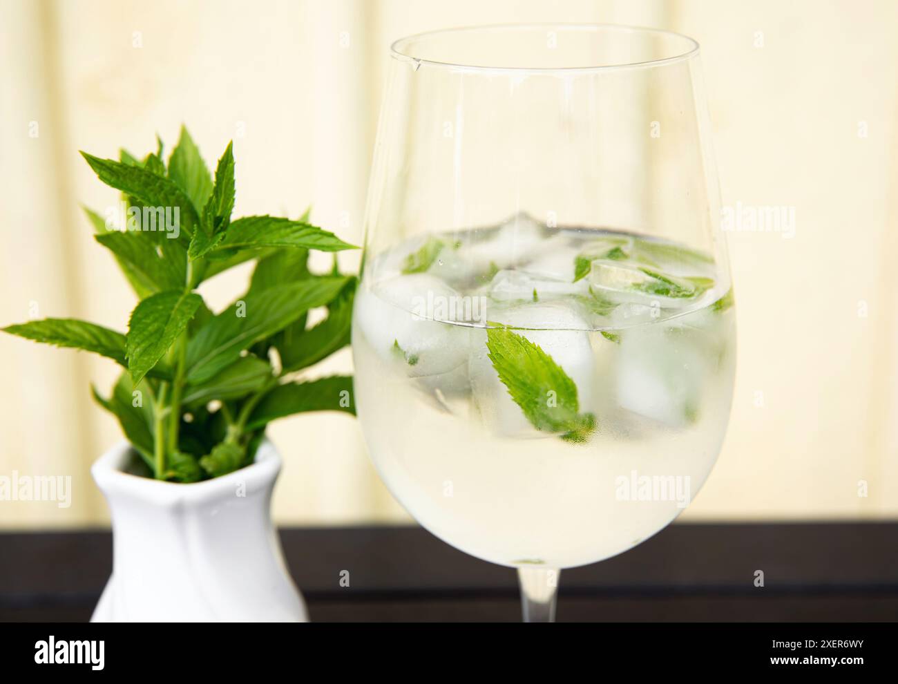 Green fresh peppermint Mentha piperita leaf inside ice cube in glass in ...