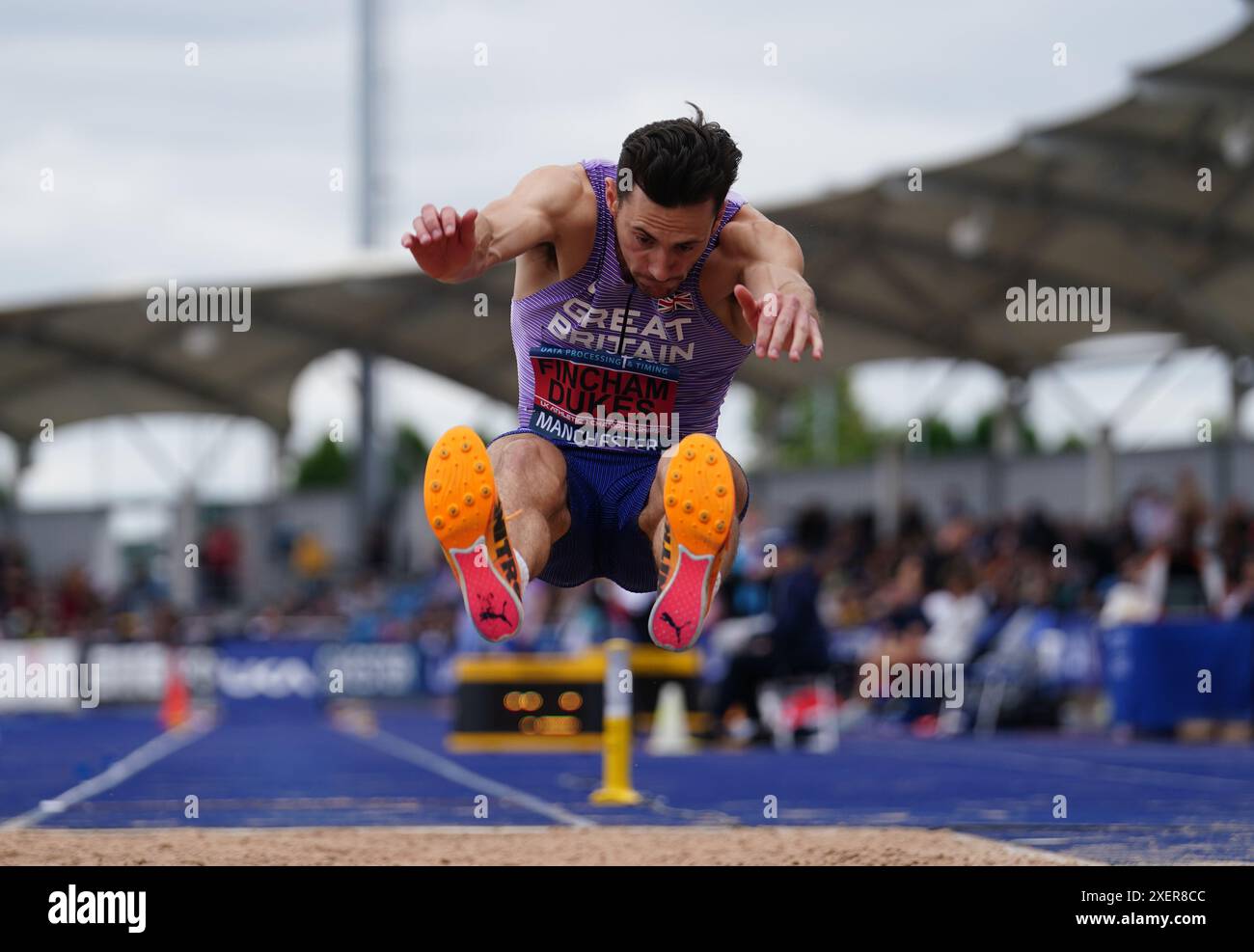 Jacob Fincham-Dukes in action in the Men's Long Jump heats during day ...