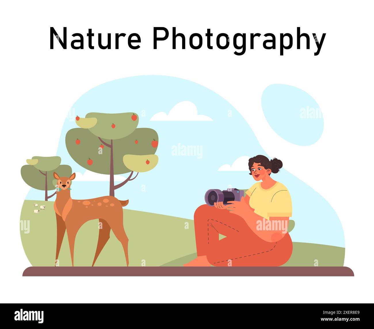 Nature photography. Female character with camera taking pictures of a ...