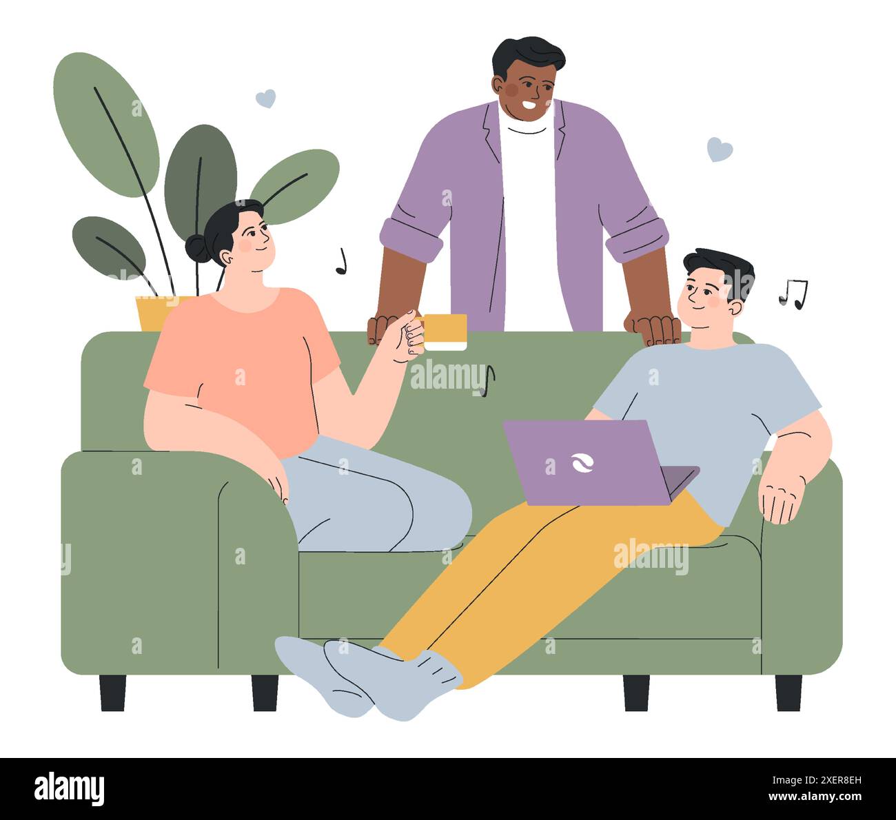 Friends or roommates sitting on couch. Male and female charcters ...