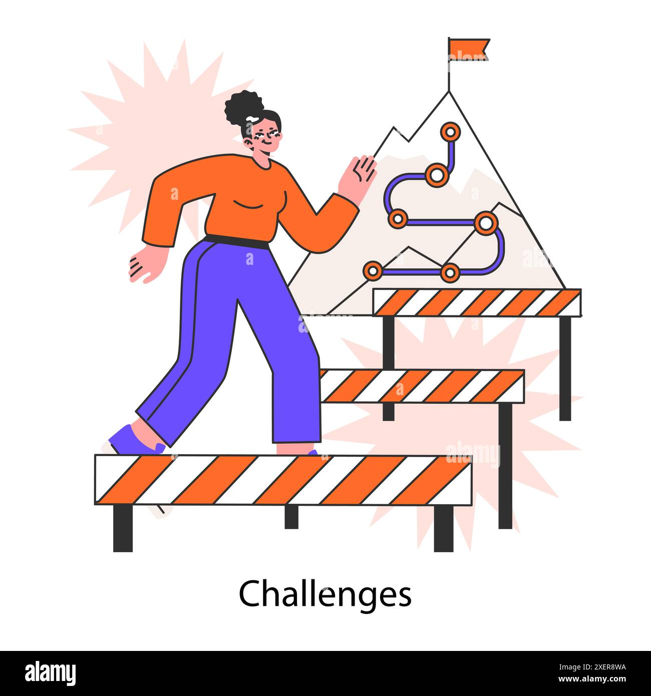 Challenge. Self-motivation and efficacy. Character overcoming obstacles and hurdles on way to ...