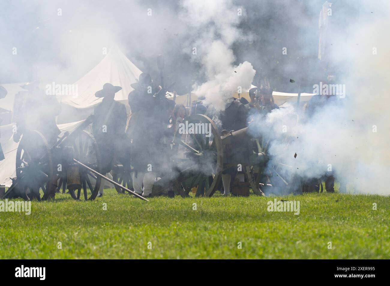 Medieval mercenaries shrouded in gunpowder smoke fire cannons Stock ...