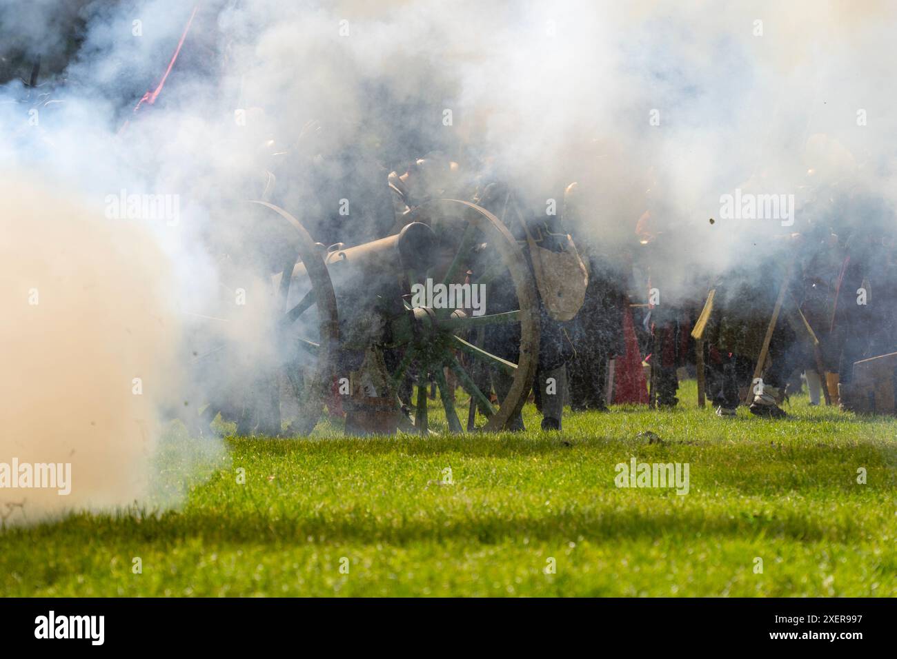 Medieval mercenaries shrouded in gunpowder smoke fire cannons Stock ...