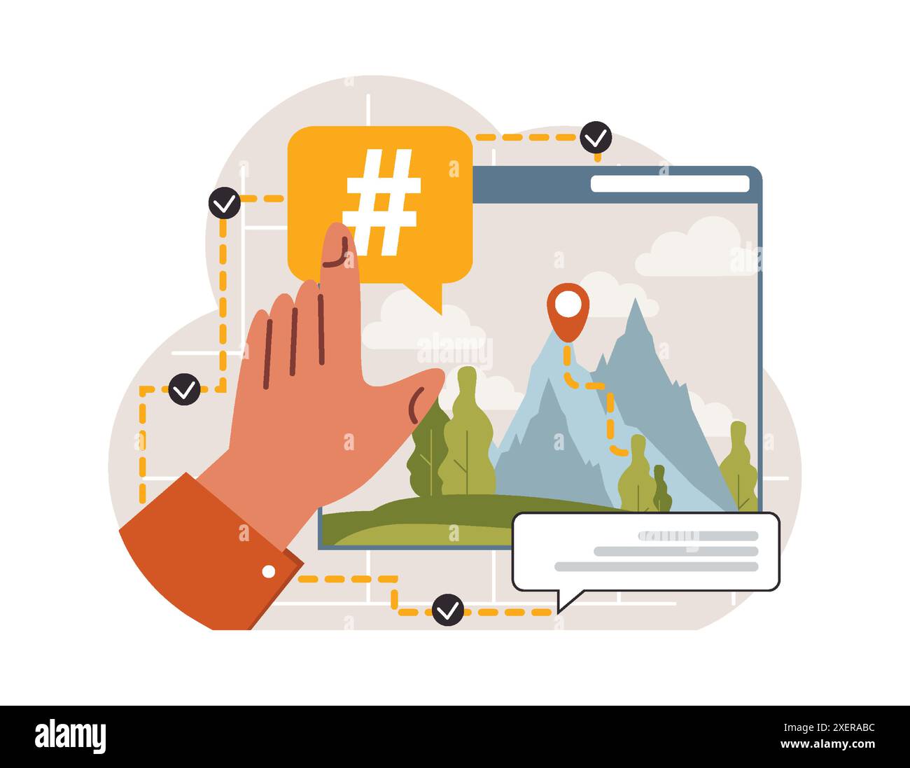 Hashtag. Character using digital device for sending posts and sharing ...