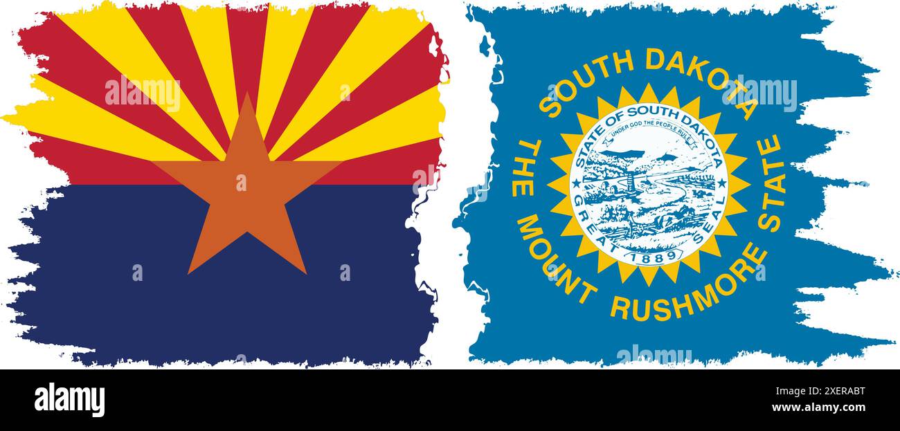 South Dakota and Arizona states grunge brush flags connection, vector ...