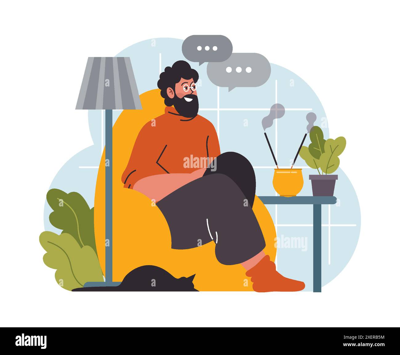 Modern wellbeing practice. Happy man relaxing at home, weekend leisure ...