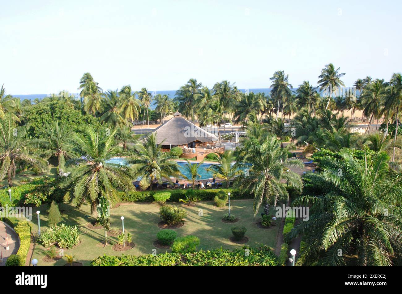 Luxury, coastal hotel, Lome. Togo - restaurant in the garden, swimming pool, Gulf of Guinea ...