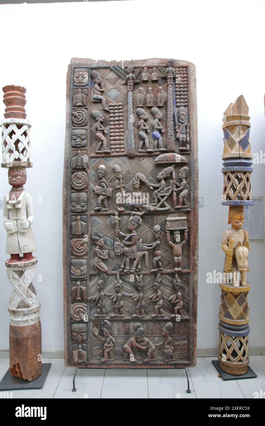 Carved wooden board and pillars, National Museum; Lome, Togo Stock ...