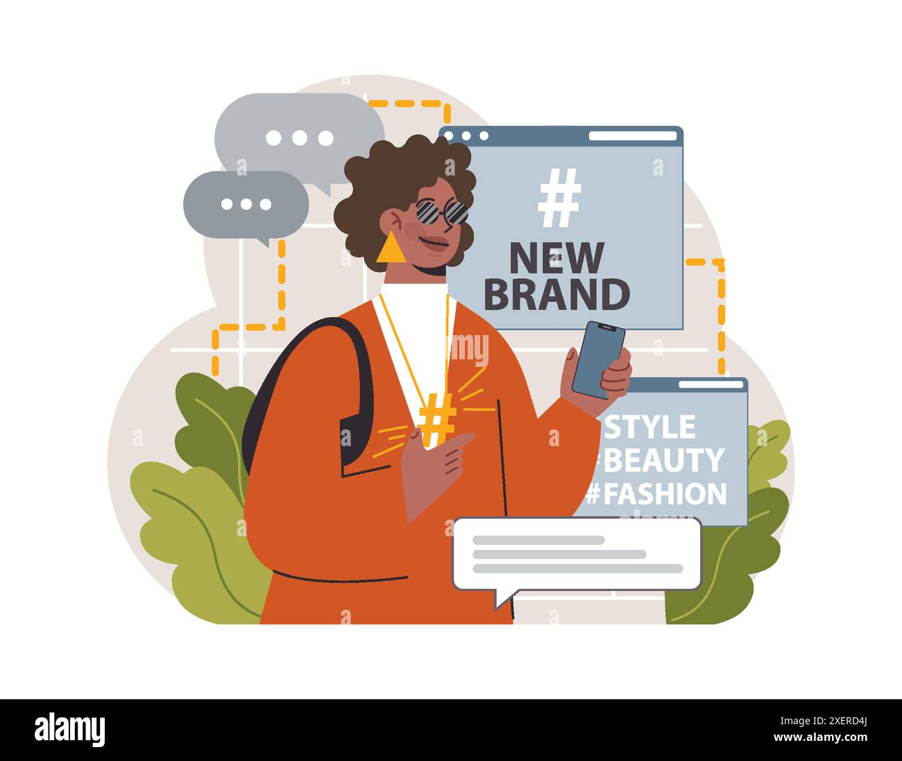 Hashtag. Character using digital device for sending posts and sharing ...