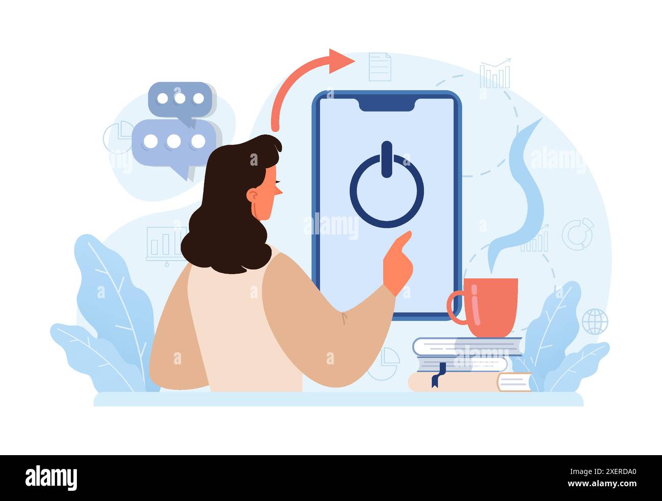 Modern wellbeing practice. Digital detox. Character taking a break from ...