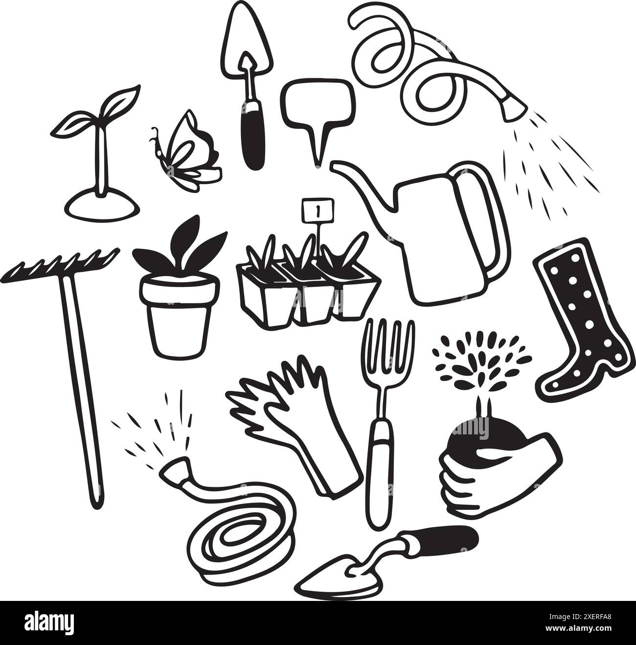 Gardening tools and symbols vector doodle illustrations Stock Vector ...