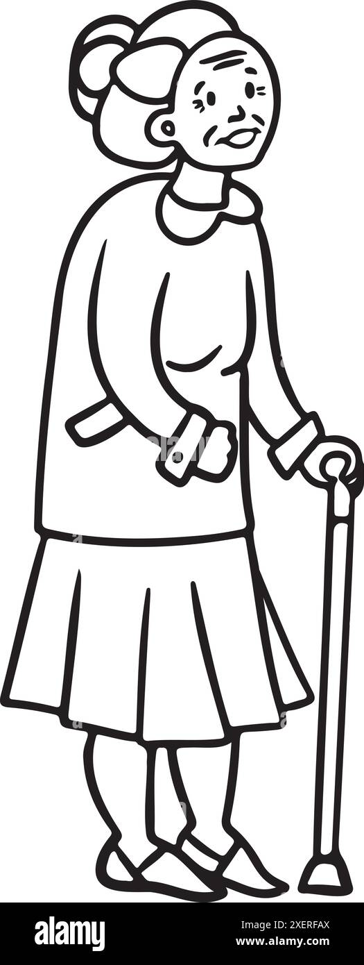 Grandmother with stick line drawing character isolated on white ...
