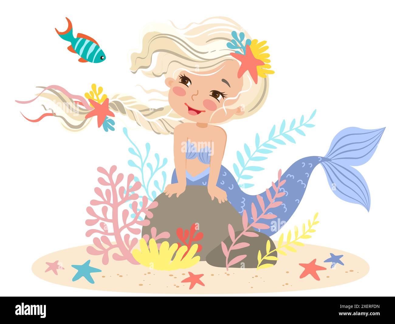 Hand drawn vector illustration of a beautiful mermaid girl with a ...
