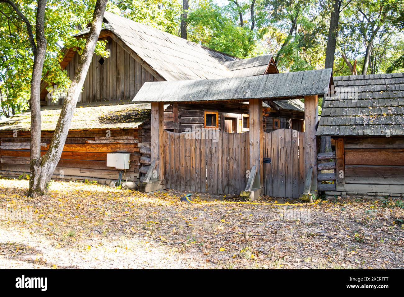 Traditional wooden gate and house at the Dimitrie Gusti Village Museum ...