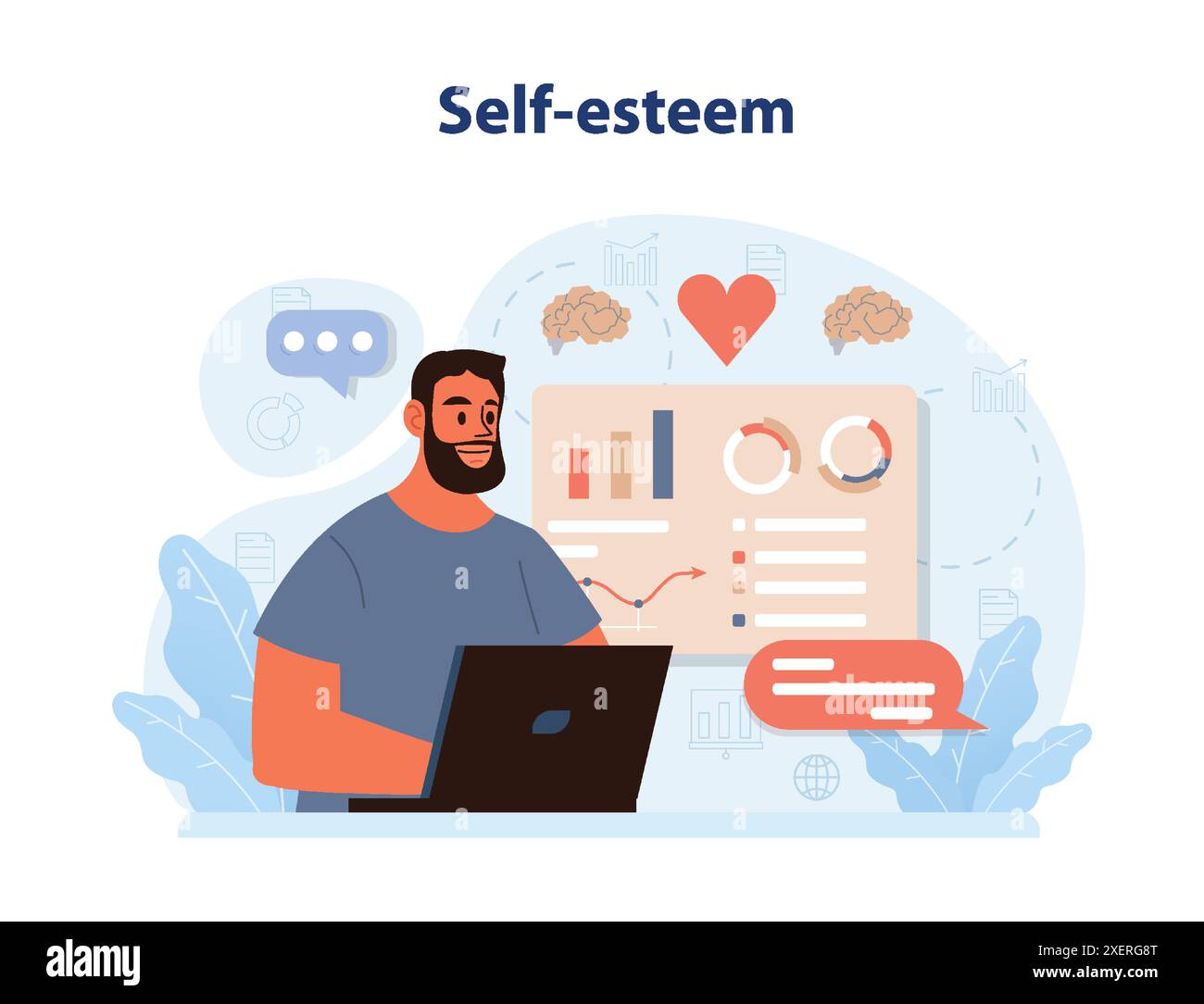 Personal growth. Self-esteem. Employee soft skill progress. Positive female character expressing ...