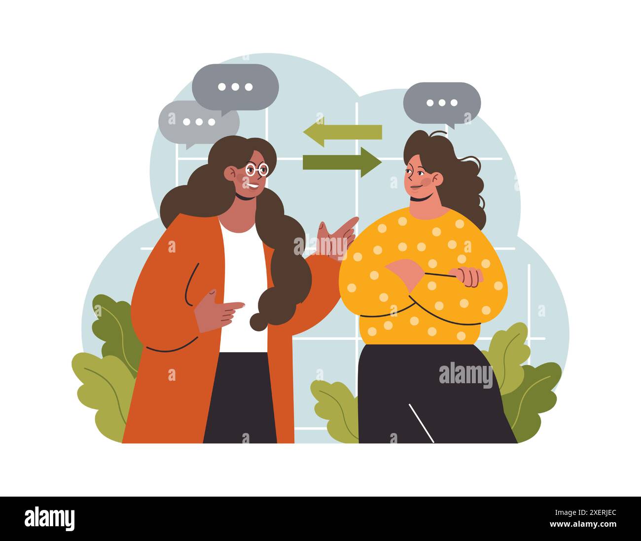 Verbal communication. Interpersonal discussion. Two female character ...