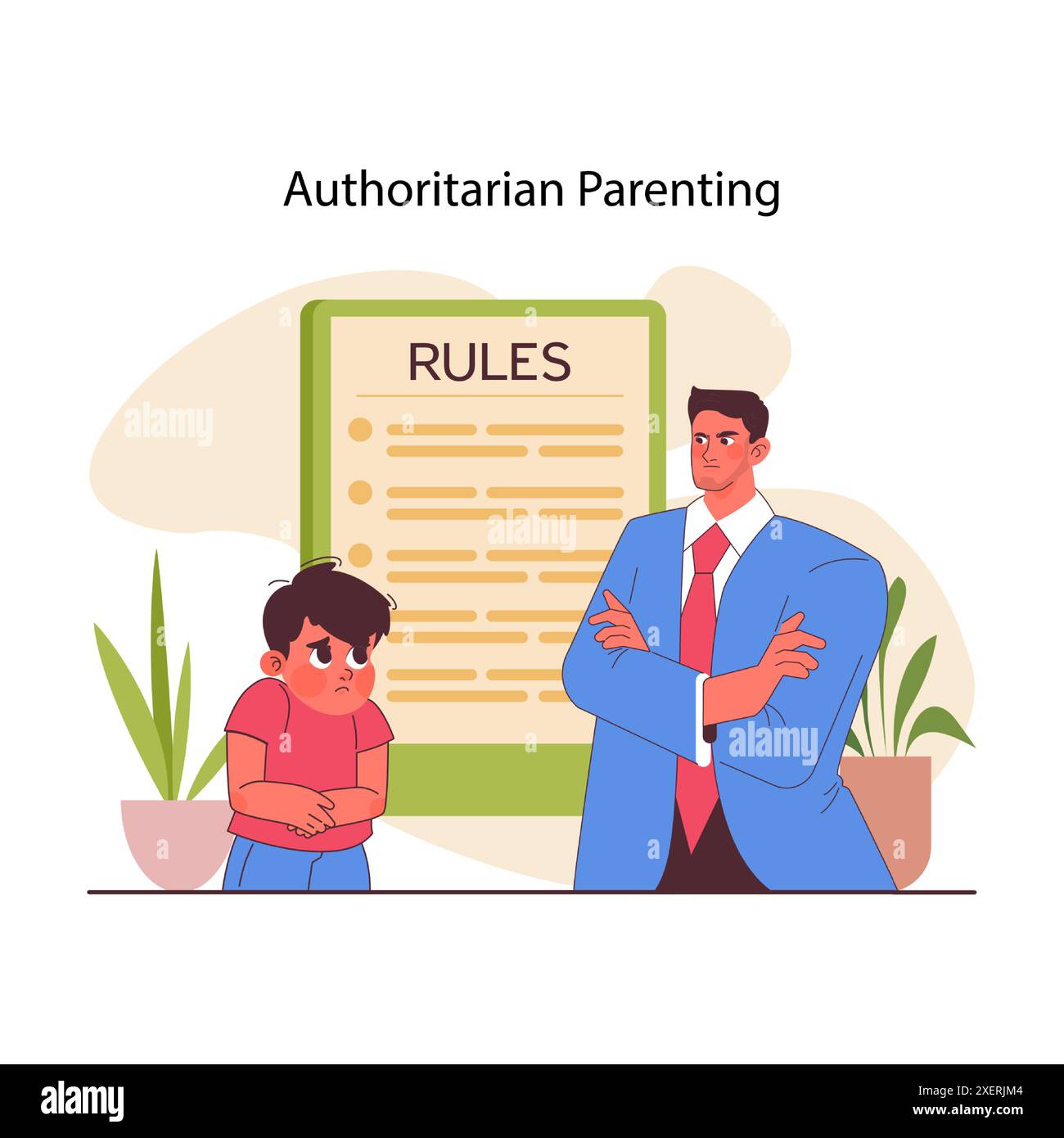 Authoritarian parenting styles. Strict parent set up the rules. Obedience, discipline, control ...