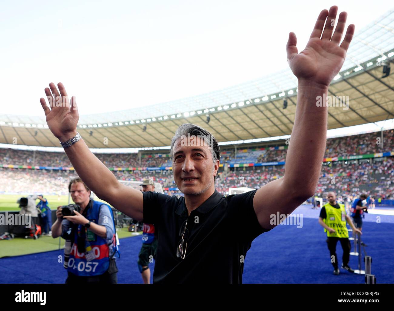 Switzerland manager Murat Yakin gestures towards the fans ahead of the ...