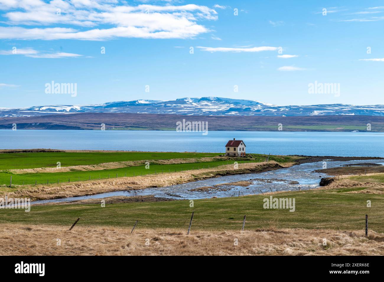 Lonely house at the rime of Hrutafjordur, Westfjords, Iceland in May ...
