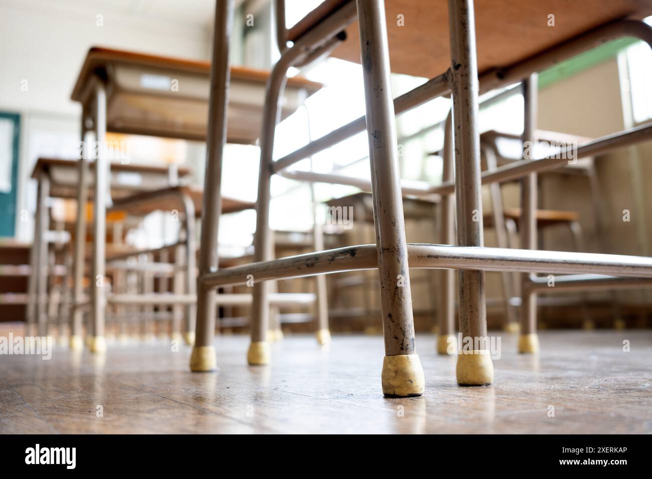 Desks and chairs in a Japanese school classroom. low angle shot Stock ...