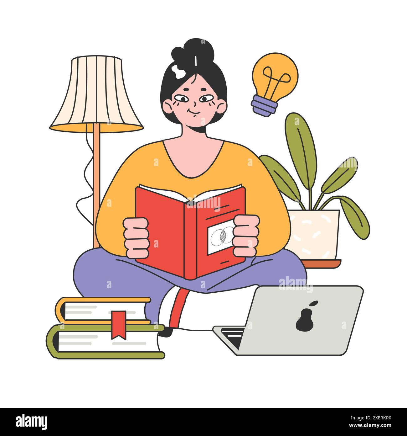 College or university student. Young character studying, reading books ...