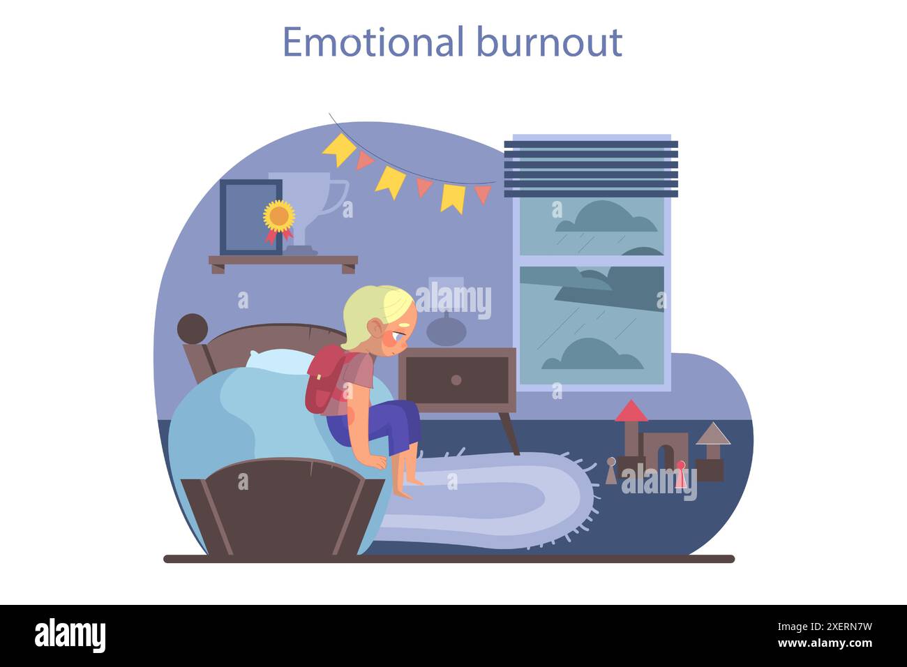 Children emotions. Child' emotional burnout. Exhausted primary student sitting on her bed. Sad ...