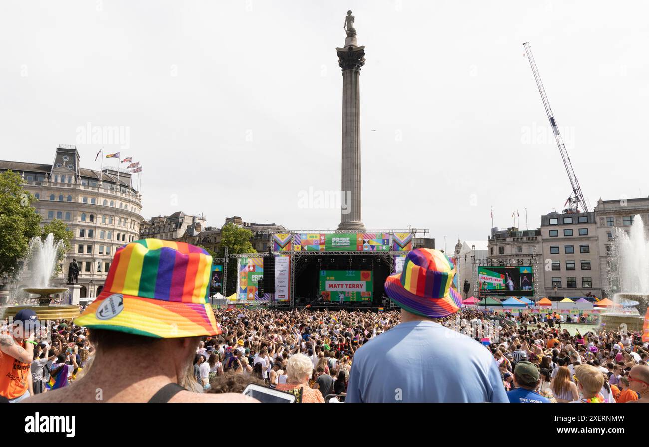 People watch the Trafalgar Square stage during Pride in London. Picture ...