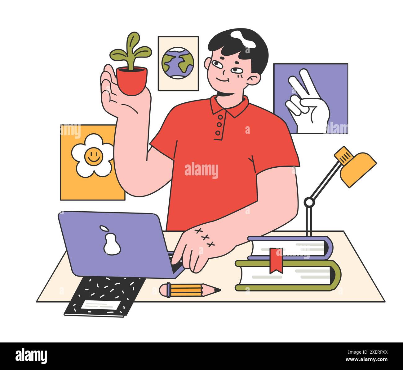 College or university student. Young character studying, reading books ...