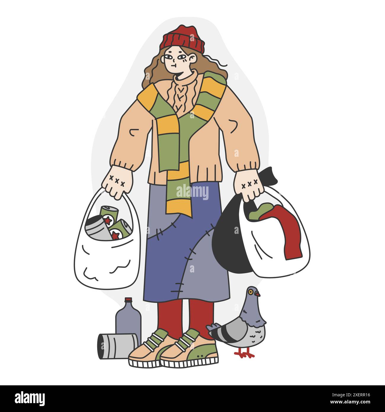 Homeless character. Female beggar wearing ragged and dirty clothes ...