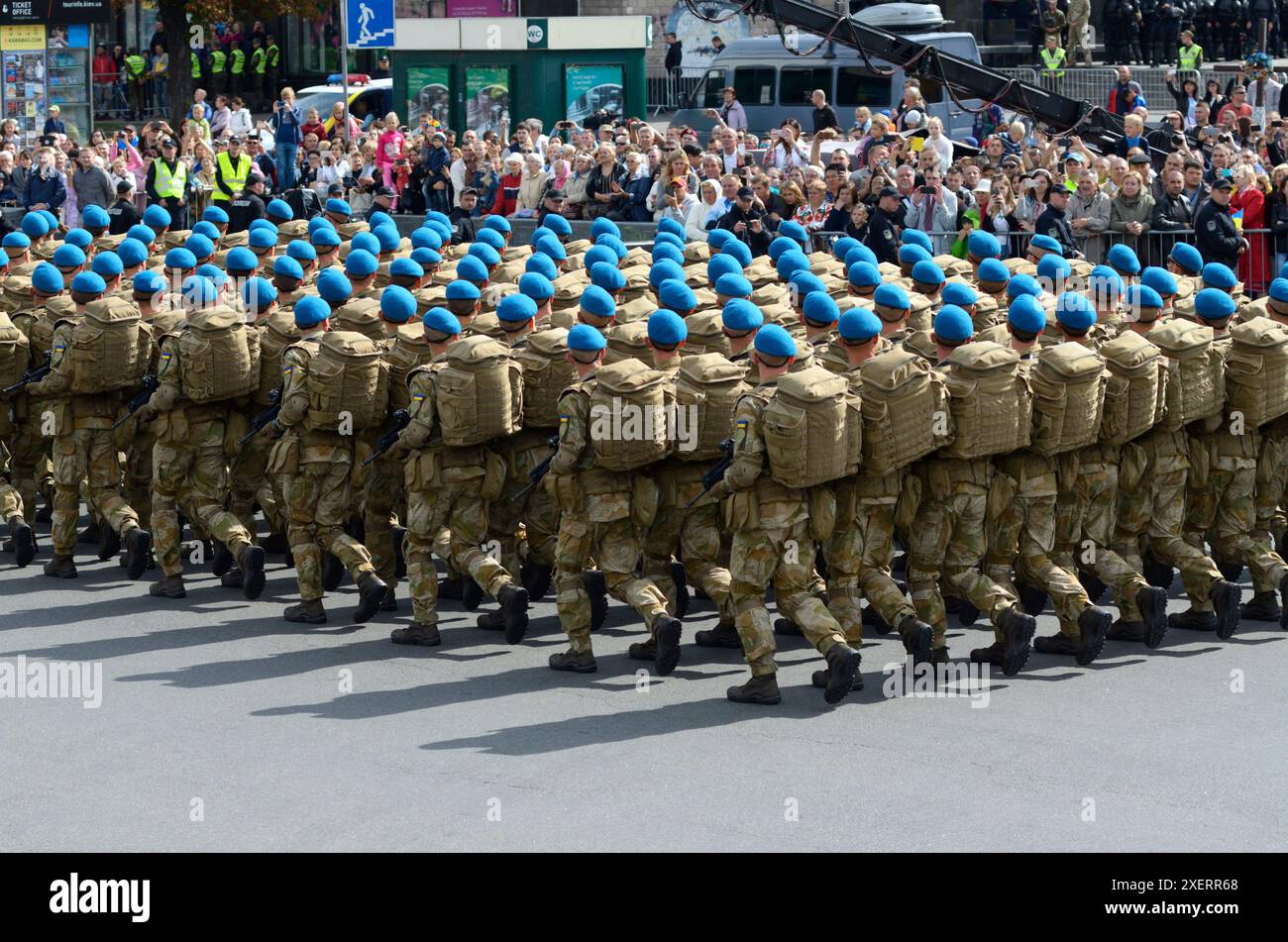 Soldiers paratroopers marching on a square during military parade ...