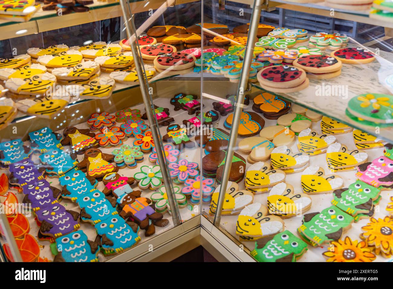 Retail display of colorful cookies in a bakery display case Stock Photo ...