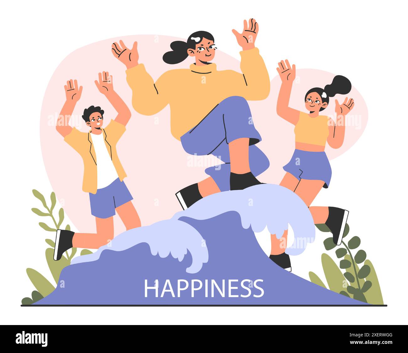 Happiness. Happy young characters jumping. Positive, cheerful people on ...