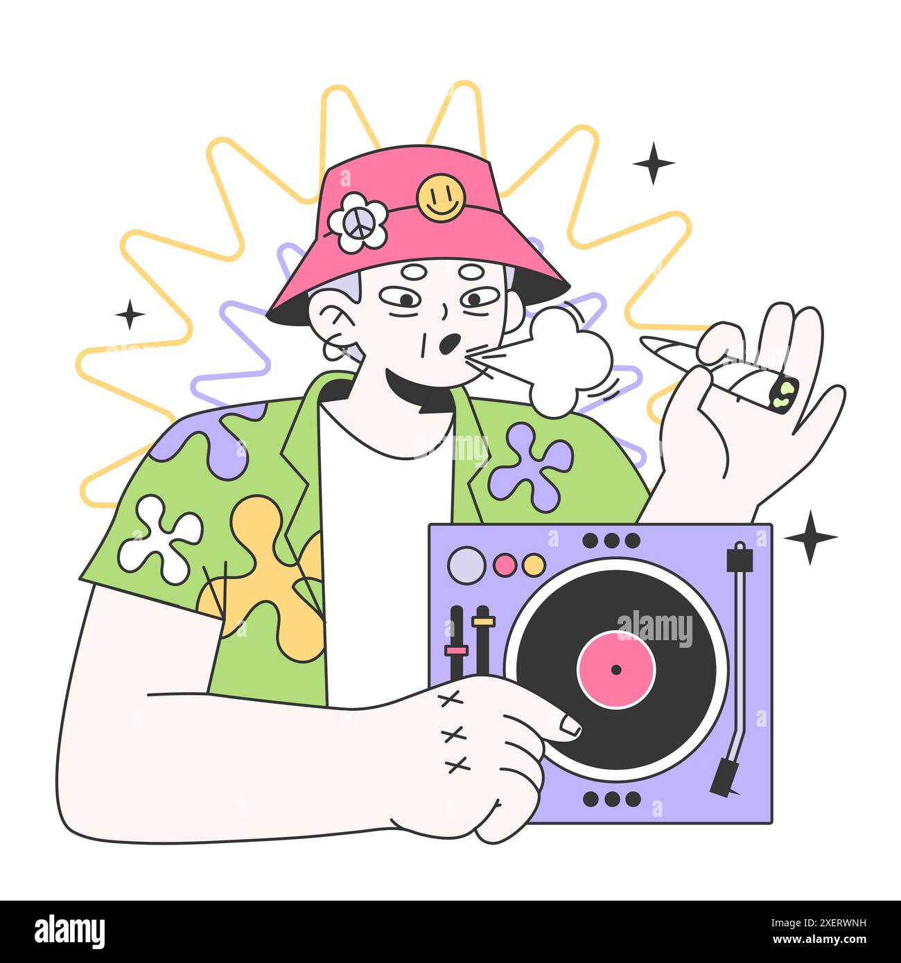 Mature character DJing and smoking a joint at festival campsite party ...