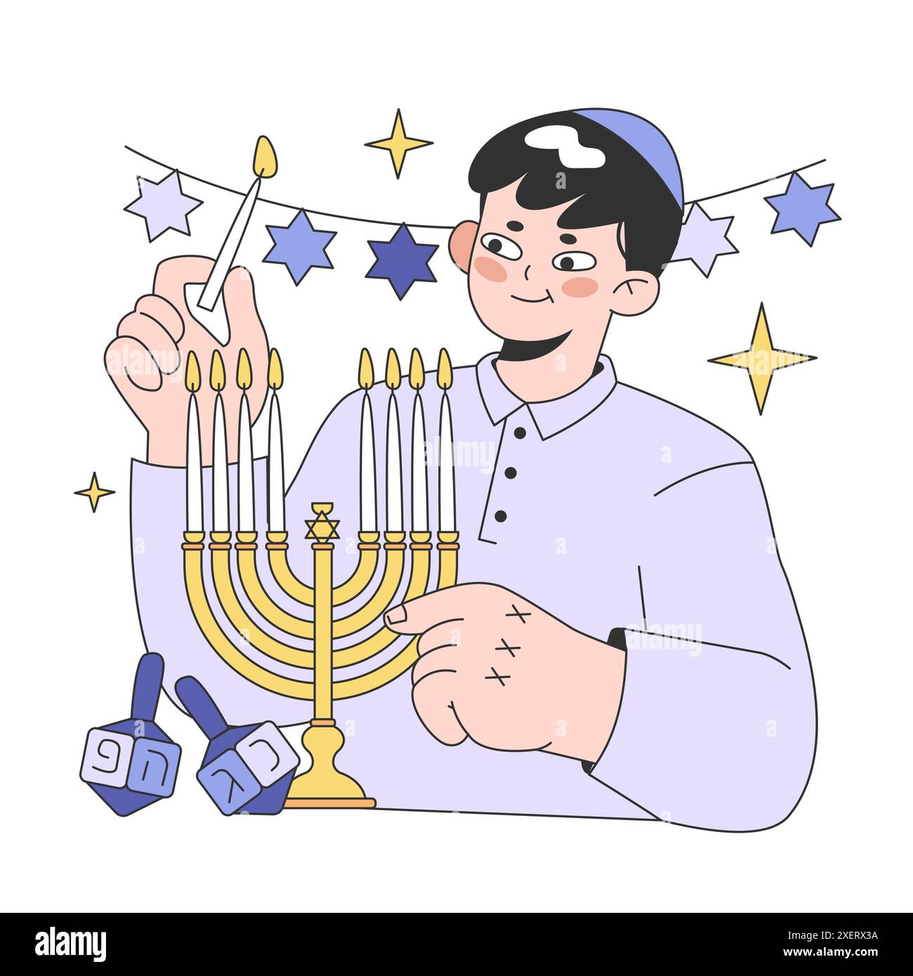 Hanukkah celebrating. Young man or rabbi wearing a kippah knitting nine ...