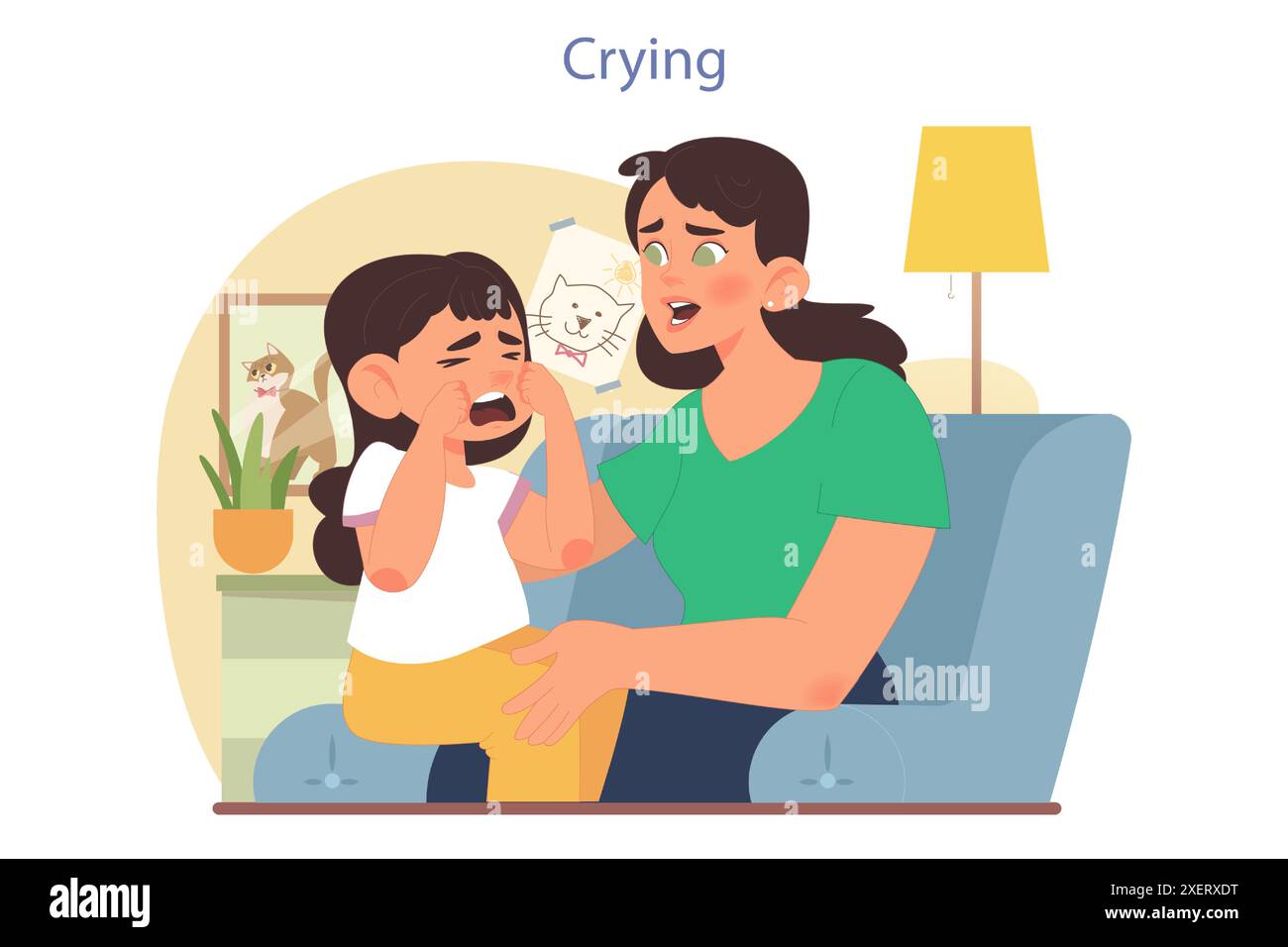 Children emotions. Little girl crying on her mom's laps. Concerned mother comforting a sad baby ...