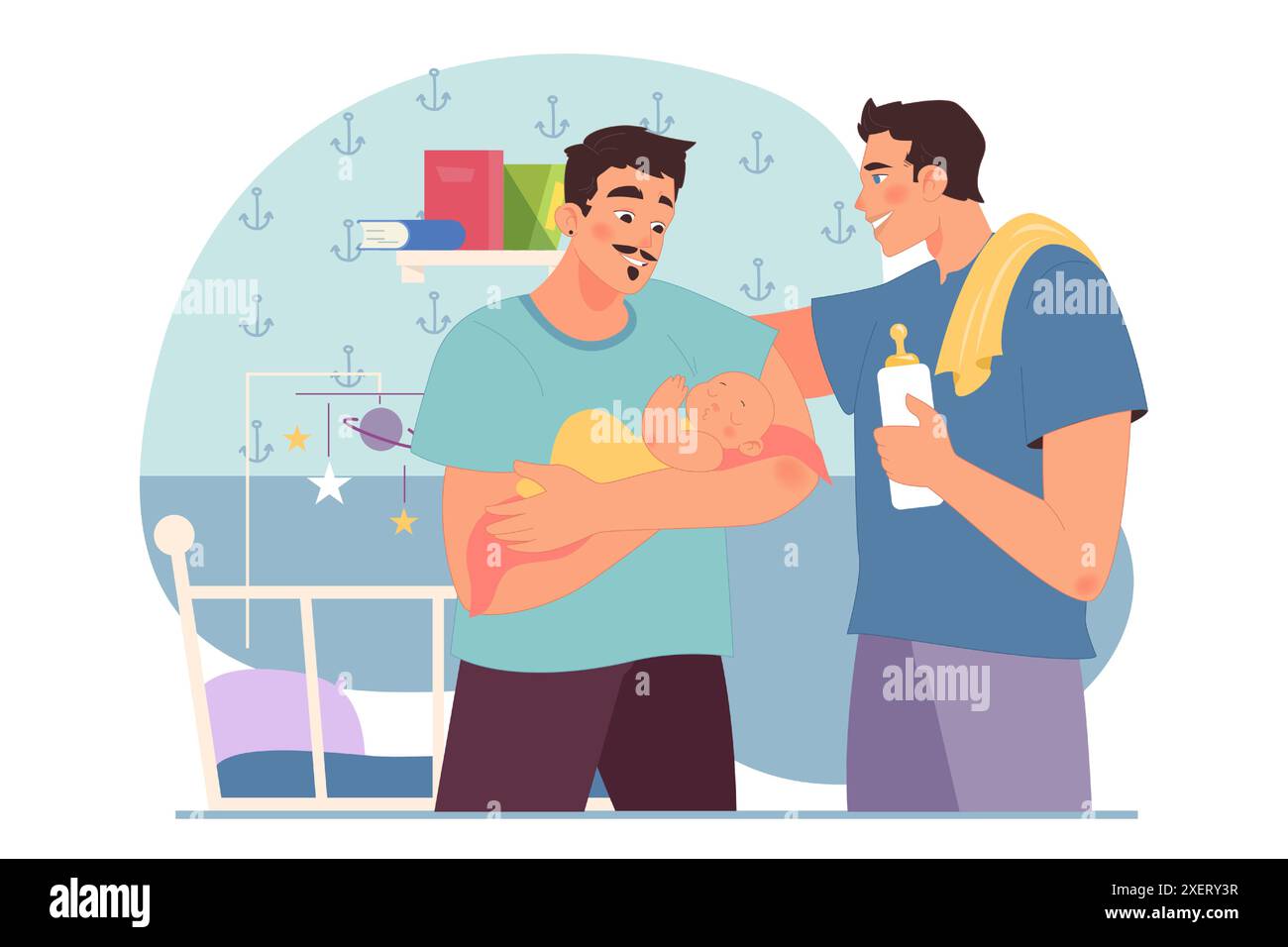 Happy homosexual family in the children's room. Gay couple parents ...