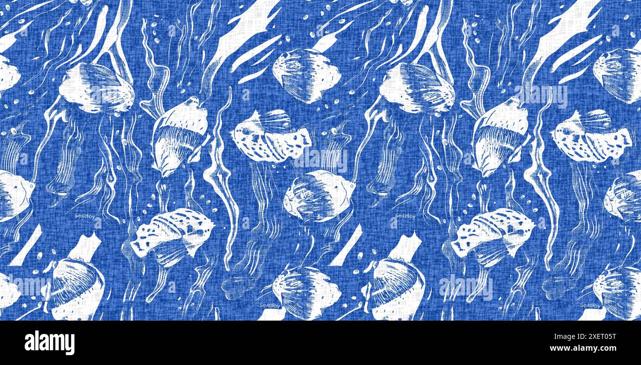 Azure blue white shell motif with linen seamless batik border ...