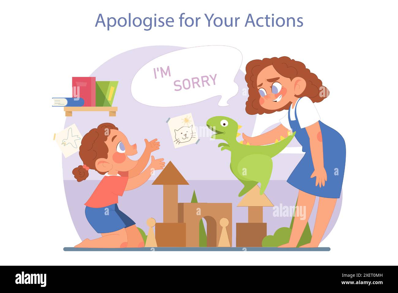 Children emotions. Embarrassed little girl apologizing to another kid ...