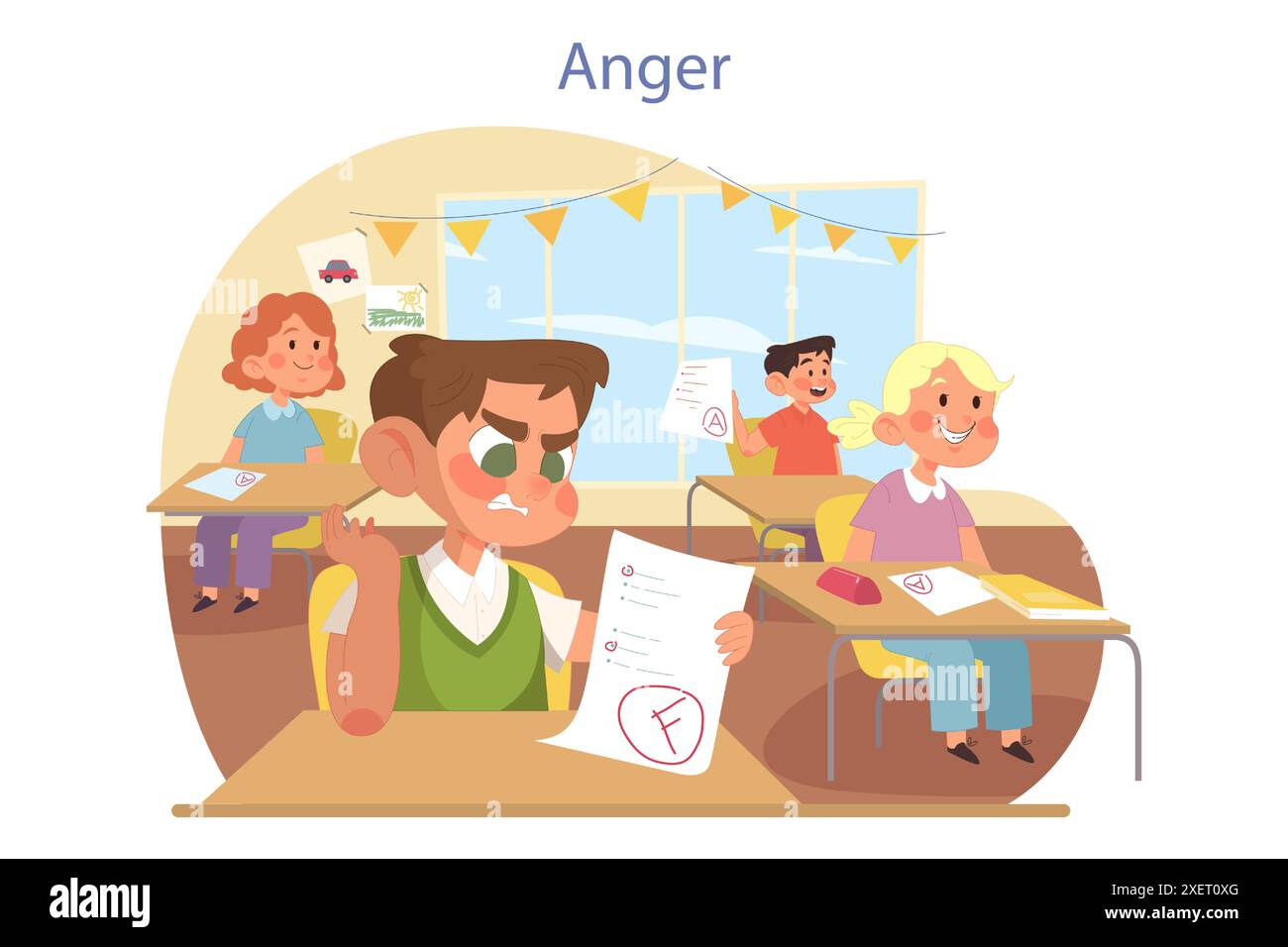 Children emotions. Little kid expressing anger. Displeased student with ...